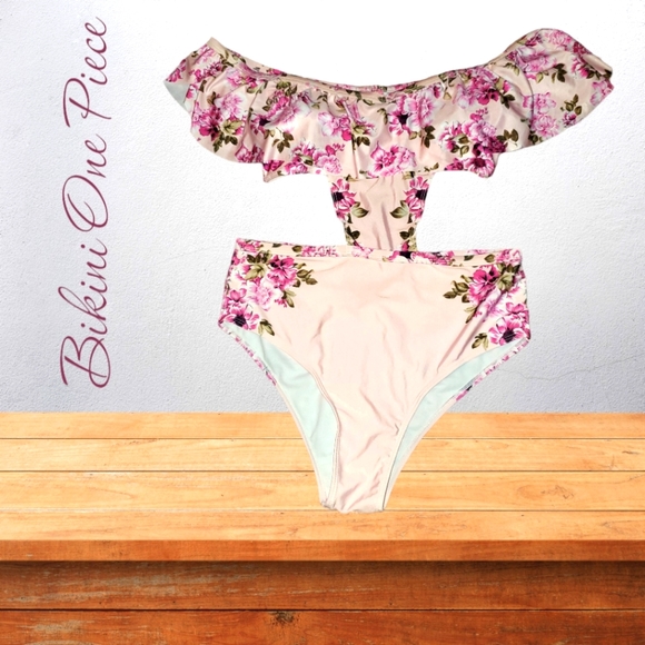 Swim | Nwot Pink Floral One Piece Off Shoulder Swim Suit | Poshmark